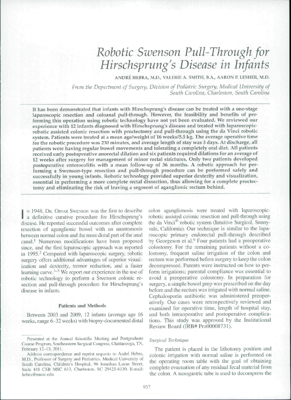 (PDF) Robotic Swenson Pull-Through for Hirschsprung's Disease in Infants