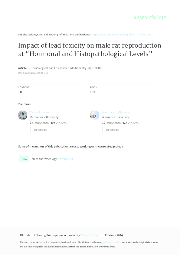 (PDF) Impact of lead toxicity on male rat reproduction at