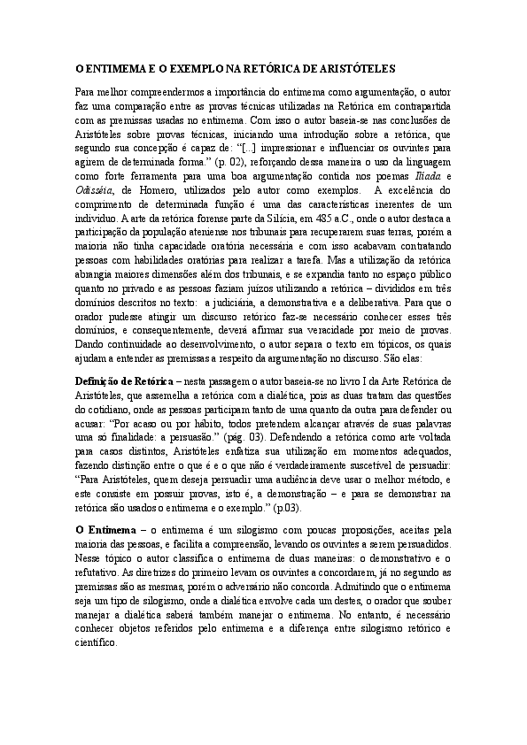 (DOC) O ENTIMEMA E O EXEMPLO NA RETÓRICA DE ARISTÓTELES