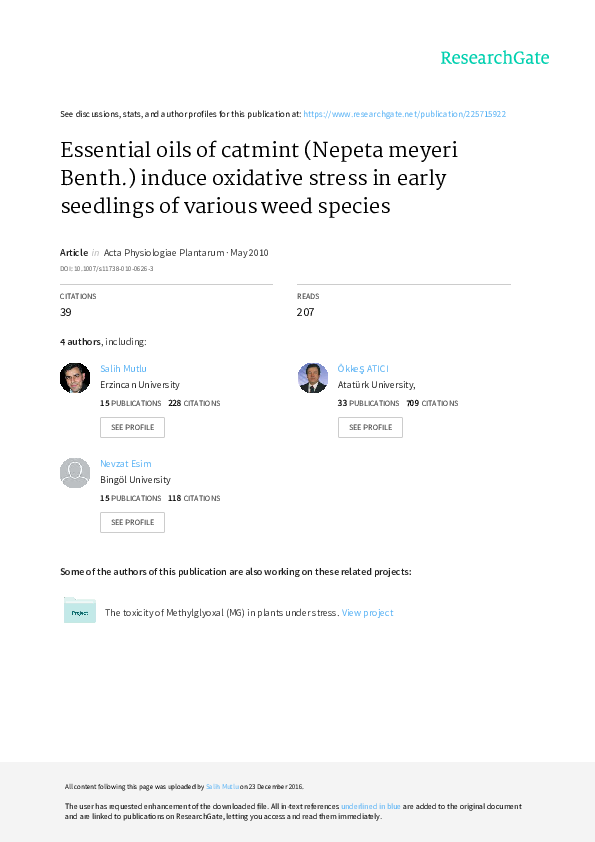 (PDF) Essential oils of catmint (Nepeta meyeri Benth.) induce oxidative ...