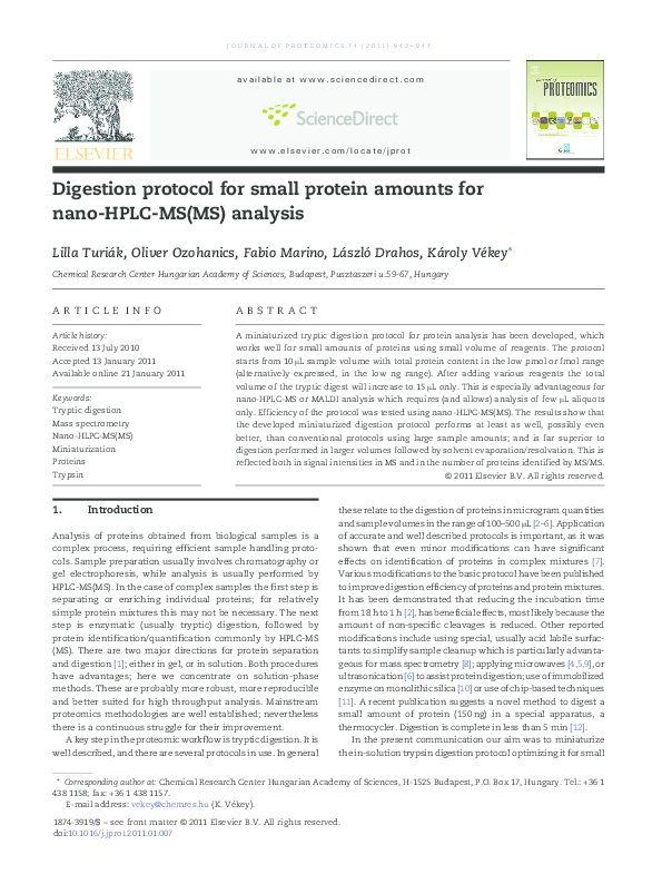 (PDF) Digestion protocol for small protein amounts for nano-HPLC/MS (MS ...