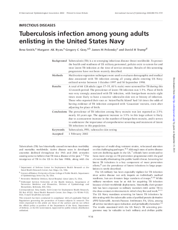 (PDF) Tuberculosis infection among young adults enlisting in the United ...