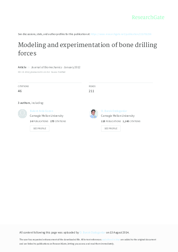 Pdf Modeling And Experimentation Of Bone Drilling Forces
