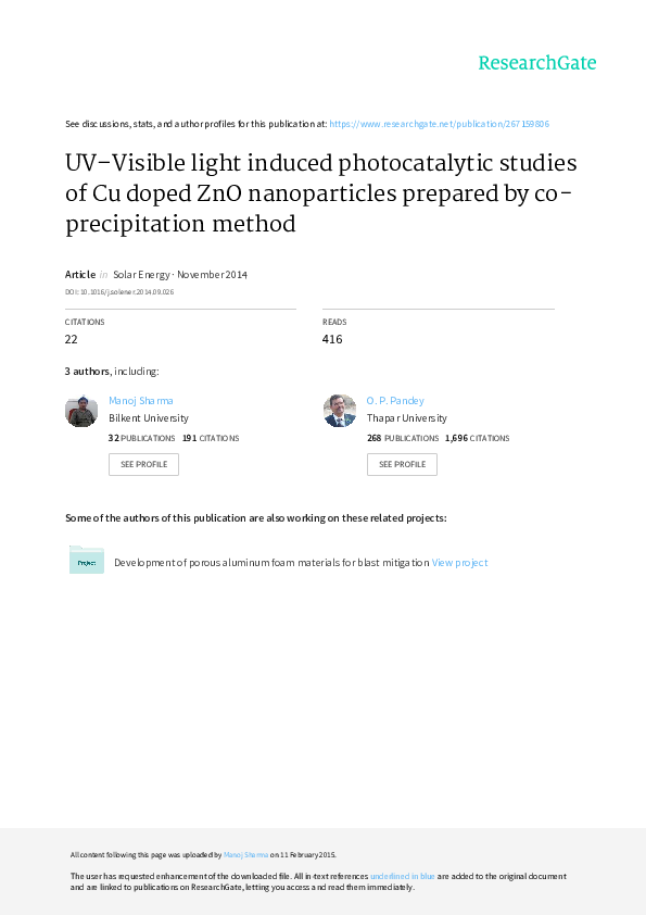(PDF) UV–Visible light induced photocatalytic studies of Cu doped ZnO nanoparticles prepared by ...