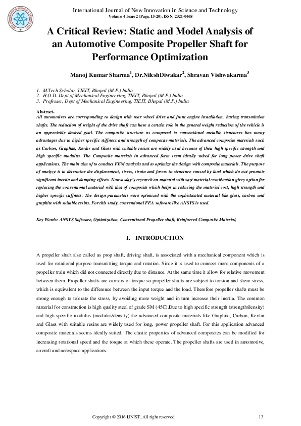 Pdf A Critical Review Static And Model Analysis Of An Automotive Composite Propeller Shaft