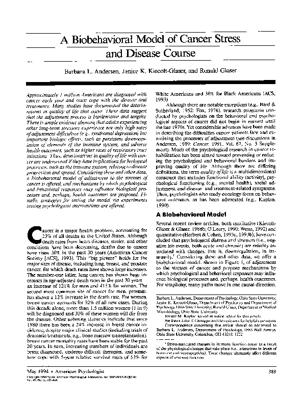 (PDF) A biobehavioral model of cancer stress and disease course