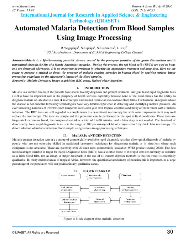 (PDF) Automated Malaria Detection from Blood Samples Using Image Processing