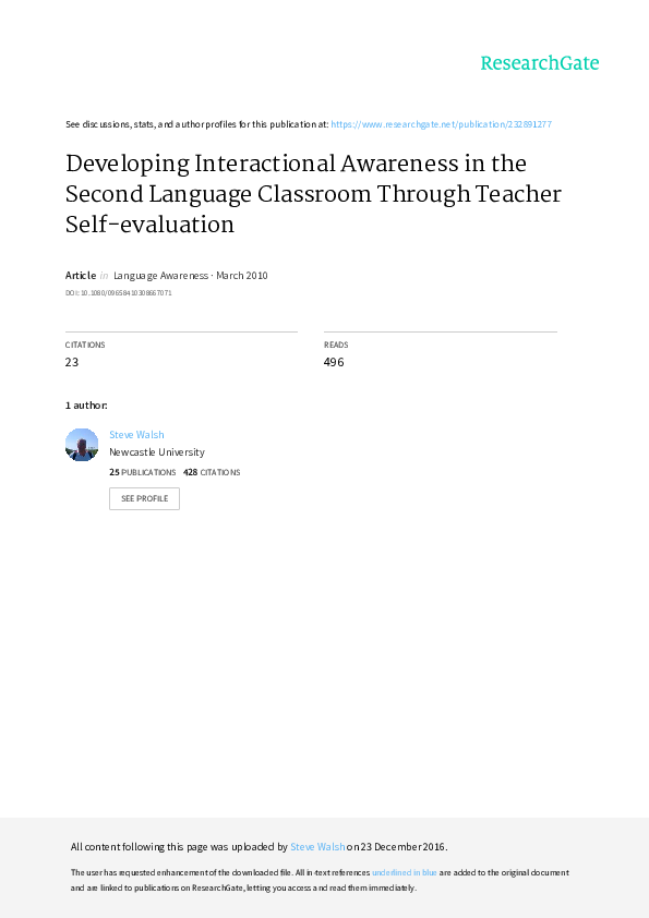 (PDF) Developing interactional awareness in the second language classroom through teacher self ...