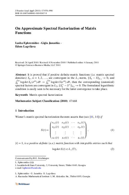 (PDF) On Approximate Spectral Factorization of Matrix Functions