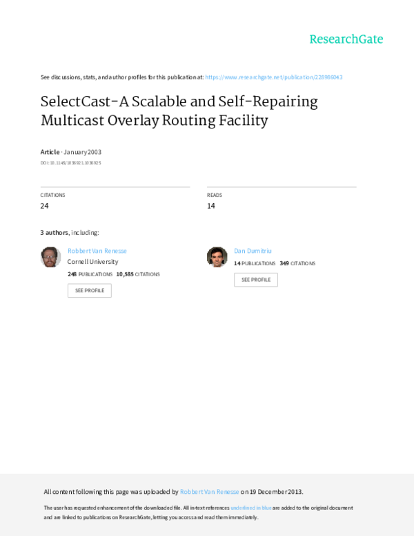 (PDF) Selectcast: a scalable and self-repairing multicast overlay routing facility