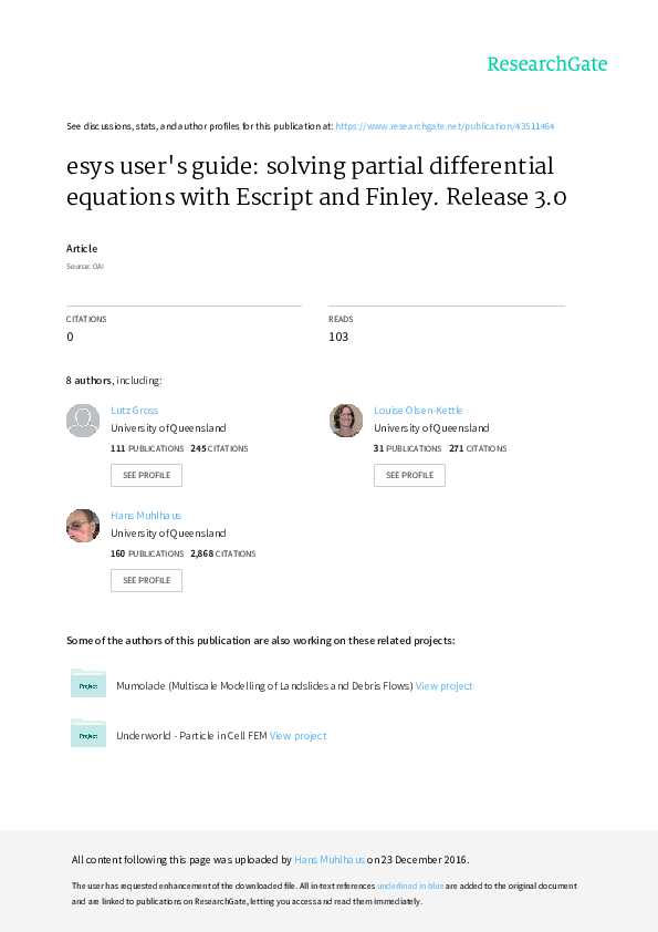 (PDF) esys user's guide: solving partial differential equations with Escript and Finley. Release 3.0