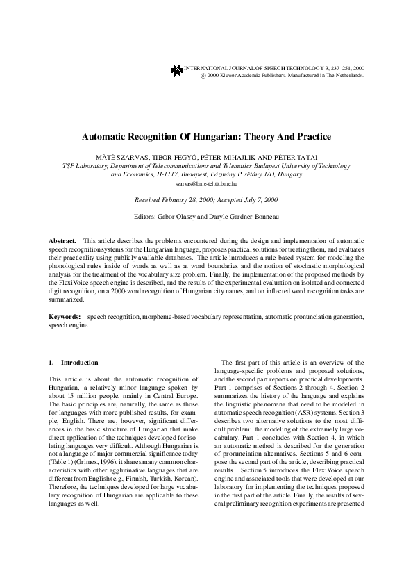 (PDF) Automatic recognition of Hungarian: Theory and practice