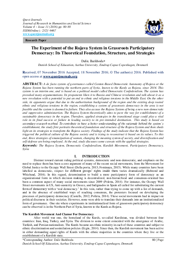 (PDF) The Experiment of the Rojava System in Grassroots Participatory ...