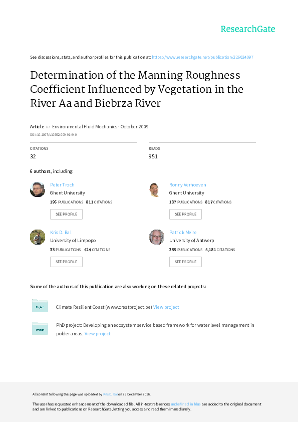 (PDF) Determination of the Manning roughness coefficient influenced by ...