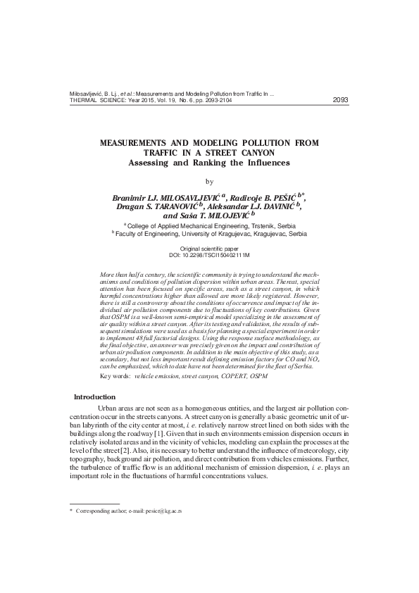 Pdf Measurements And Modeling Pollution From Traffic In A Street Canyon Assessing And Ranking