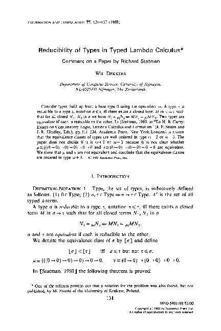 (PDF) Reducibility of types in typed lambda calculus