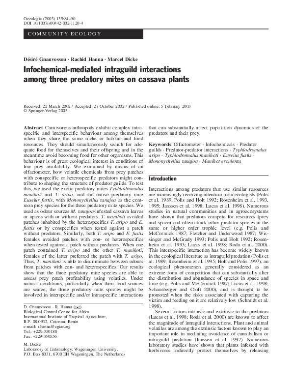 (PDF) Infochemical-mediated intraguild interactions among three ...