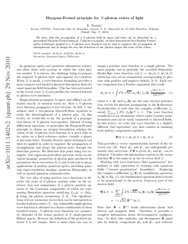Pdf Huygens Fresnel Principle For N Photon States Of Light Edouard