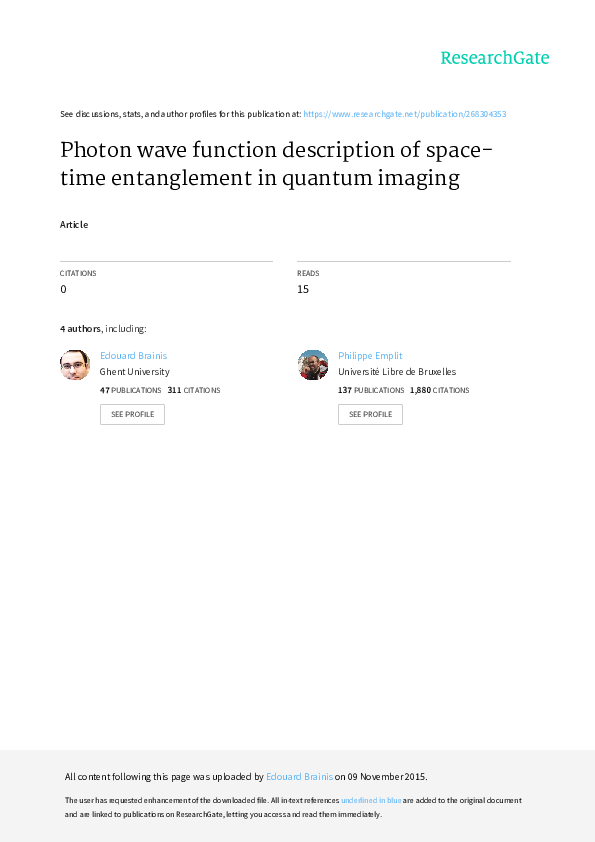 (PDF) Photon wave function description of space-time entanglement in quantum imaging