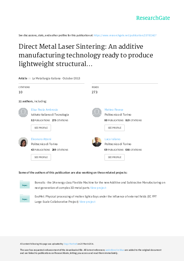 (PDF) Direct Metal Laser Sintering: an additive manufacturing ...