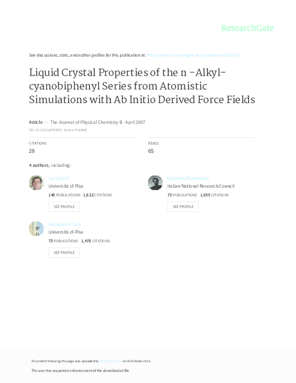 (PDF) Liquid Crystal Properties of the n -Alkyl-cyanobiphenyl Series from Atomistic Simulations ...