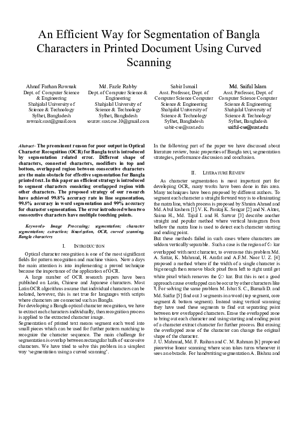 (PDF) An Efficient Way for Segmentation of Bangla Characters in Printed Document Using Curved ...