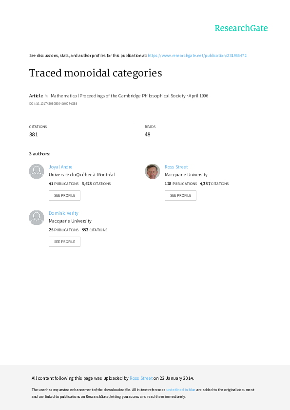 (PDF) Traced monoidal categories