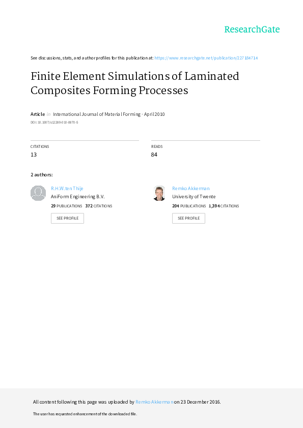 Pdf Finite Element Simulations Of Laminated Composites Forming Processes