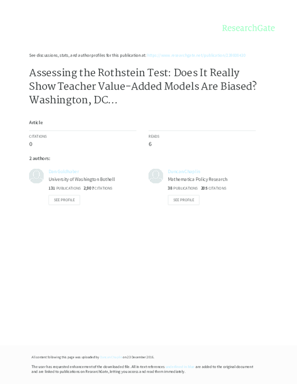 (PDF) Assessing the Rothstein Test: Does It Really Show Teacher Value ...