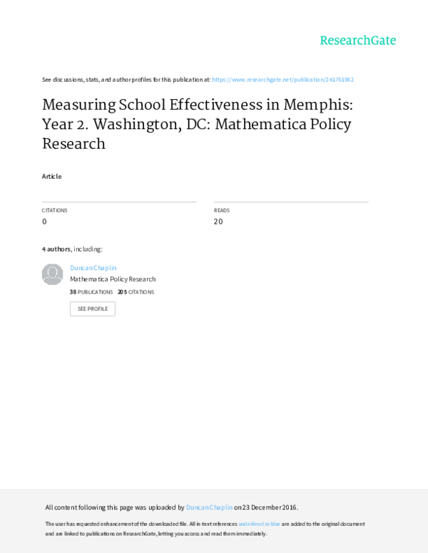 (PDF) Measuring School Effectiveness in Memphis: Year 2. Washington, DC ...