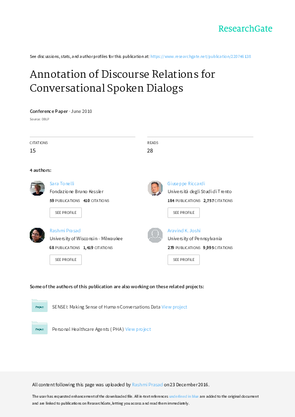 Pdf Annotation Of Discourse Relations For Conversational Spoken Dialogs