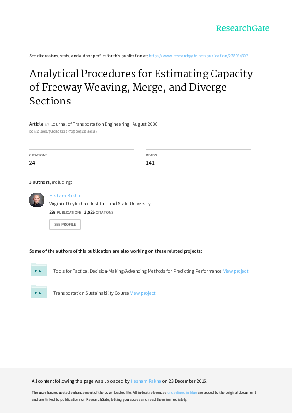 (PDF) Analytical Procedures for Estimating Capacity of Freeway Weaving, Merge, and Diverge Sections