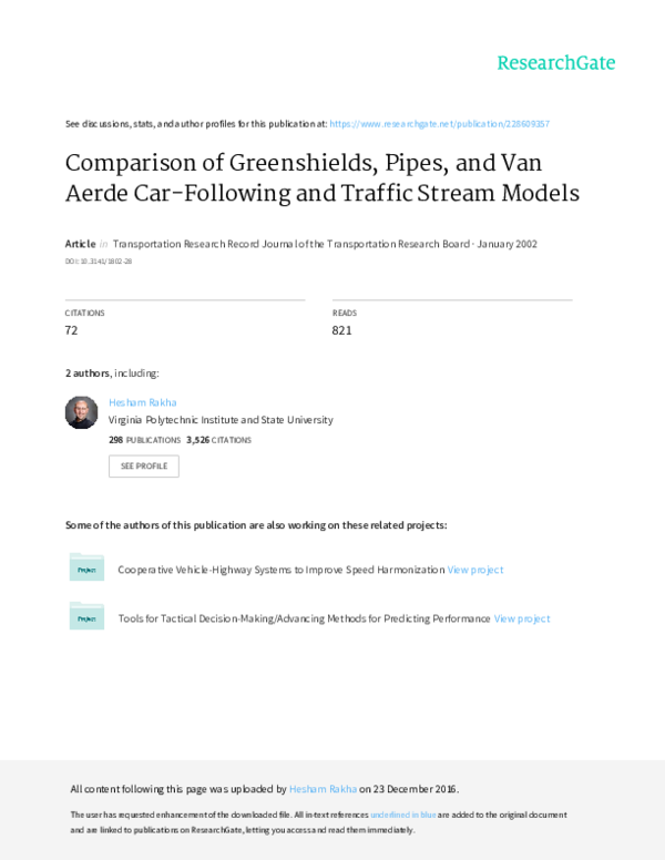 (PDF) Comparison of Greenshields, Pipes, and Van Aerde Car-Following ...