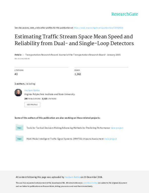 (PDF) Estimating Traffic Stream Space Mean Speed and Reliability from Dual- and Single-Loop ...