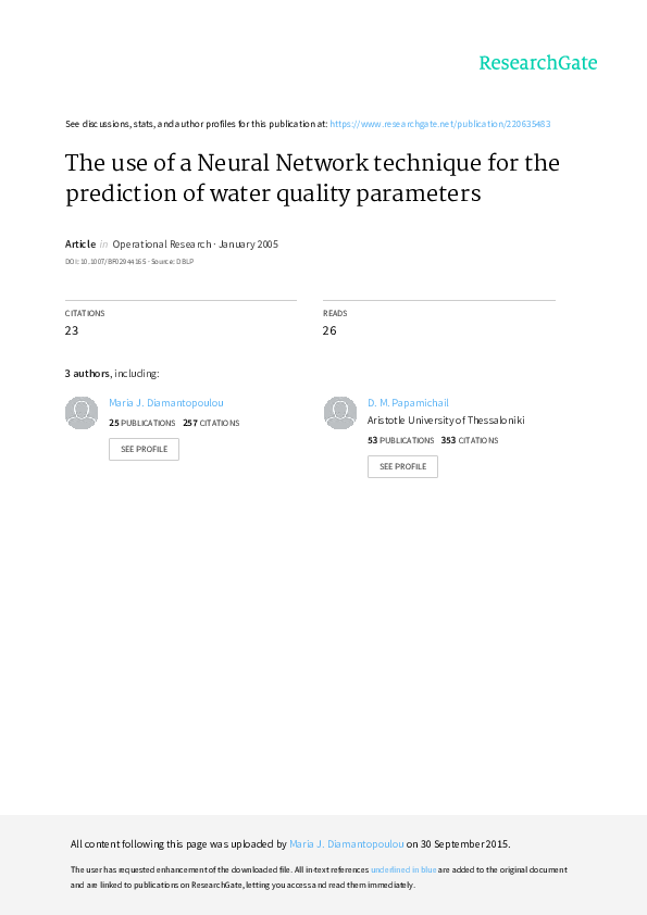 (PDF) The use of a neural network technique for the prediction of water quality parameters