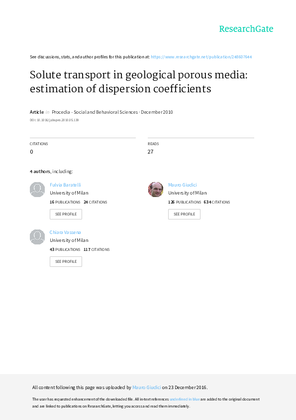(PDF) Solute transport in geological porous media: estimation of dispersion coefficients