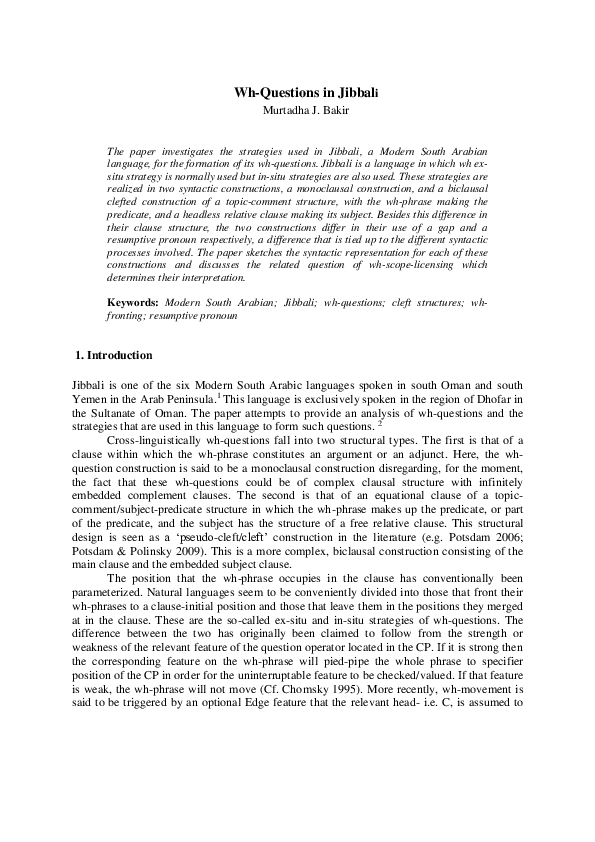 (PDF) Strategies for Wh-Questions in Jibbali