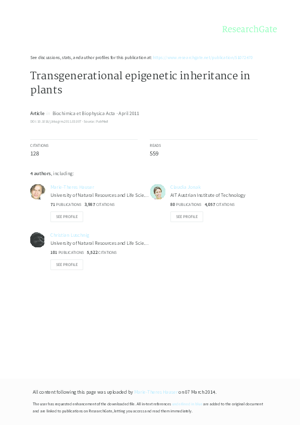 (PDF) Transgenerational epigenetic inheritance in plants | Marie-Theres Hauser - Academia.edu