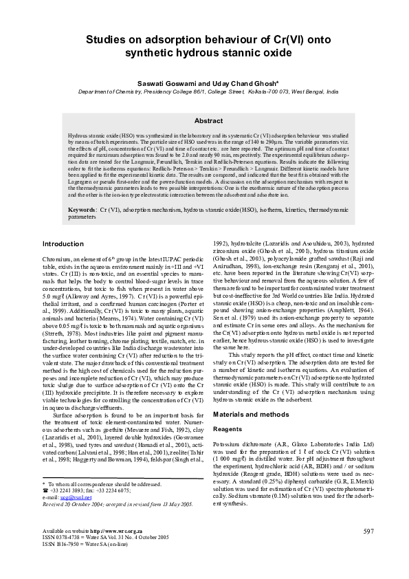 (PDF) Studies on adsorption behaviour of Cr(VI) onto synthetic hydrous ...