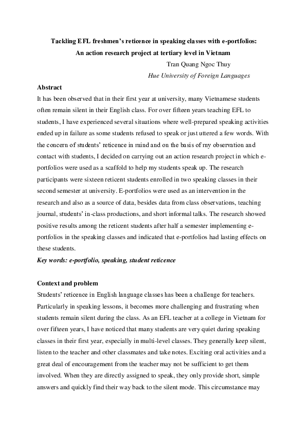 (PDF) Tackling EFL freshmen's reticence in speaking classes with e ...