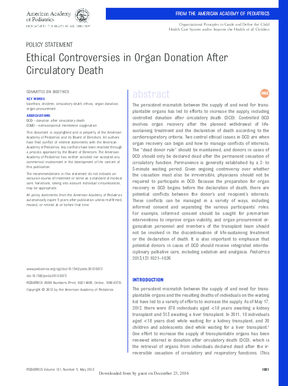 (PDF) Ethical Controversies in Organ Donation After Circulatory Death