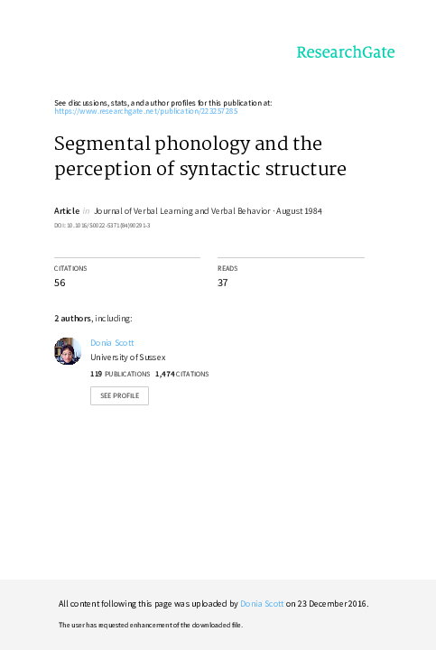 (PDF) Segmental phonology and the perception of syntactic structure