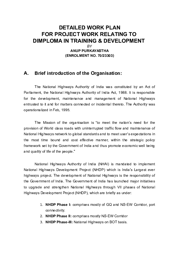 DETAILED WORK PLAN FOR PROJECT WORK RELATING TO DIMPLOMA IN TRAINING ...