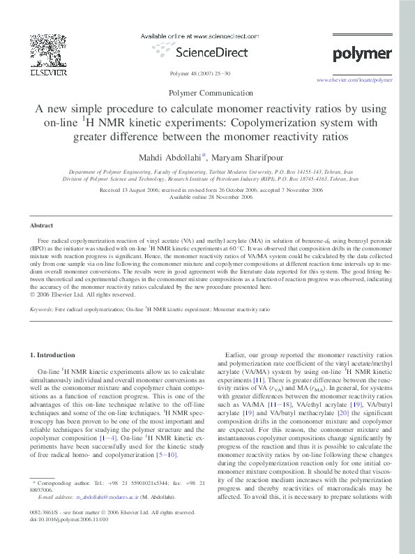 Pdf A New Simple Procedure To Calculate Monomer Reactivity Ratios By Using On Line 1h Nmr