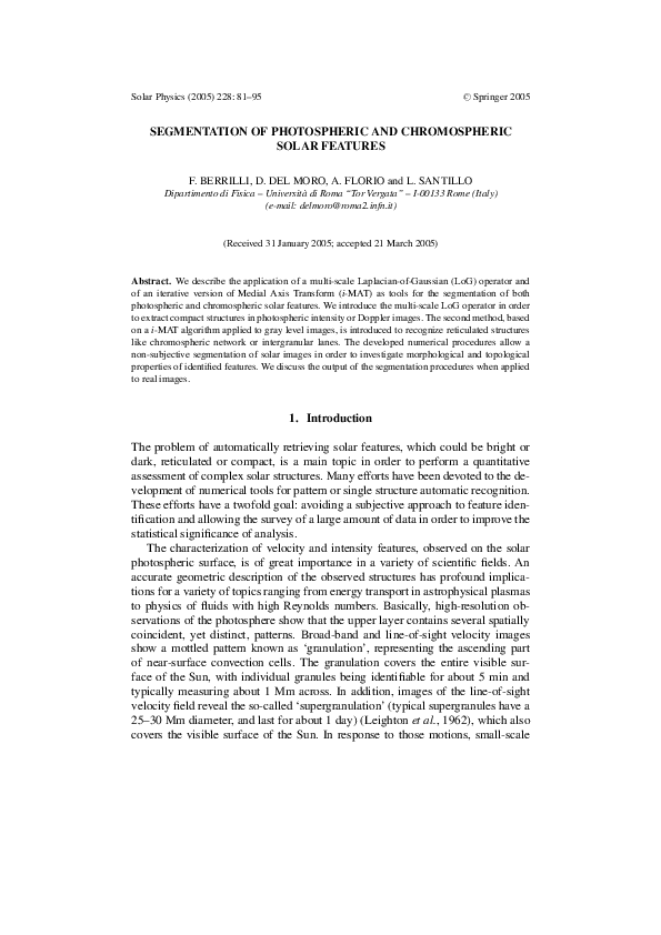 (PDF) Segmentation Of Photospheric And Chromospheric Solar Features