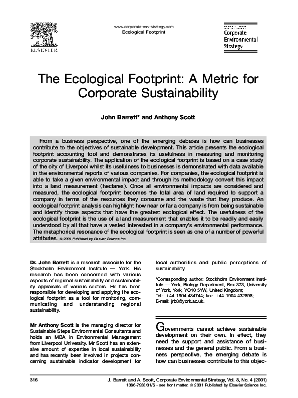 (PDF) The ecological footprint: a metric for corporate sustainability