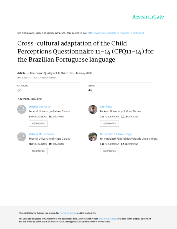 (PDF) Cross-cultural adaptation of the Child Perceptions Questionnaire ...
