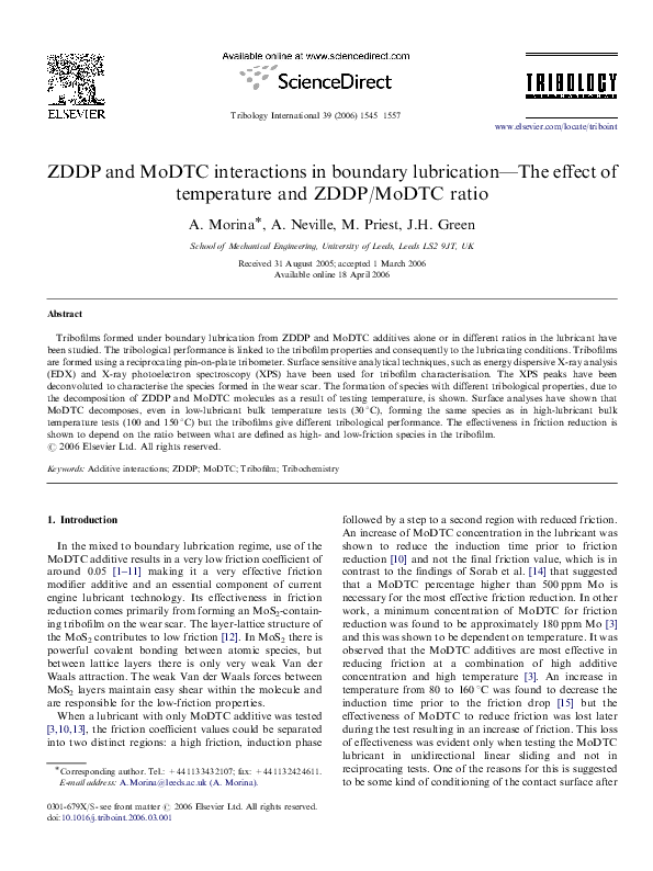 (PDF) ZDDP and MoDTC interactions in boundary lubrication--The effect ...