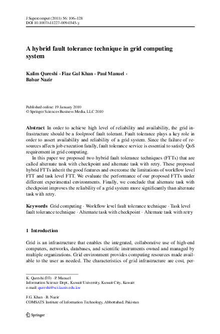 (PDF) A hybrid fault tolerance technique in grid computing system