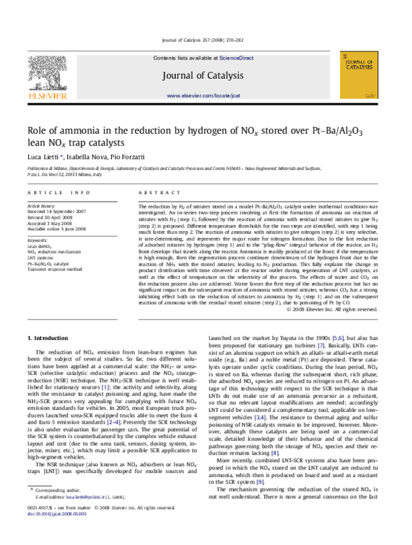 (PDF) Role of ammonia in the reduction by hydrogen of NOx stored over ...